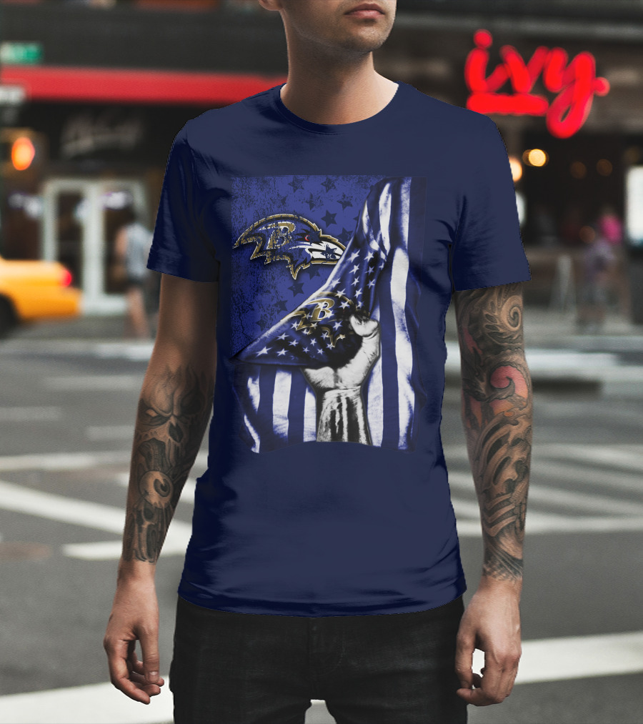 Fist Holding American Flag With Baltimore Ravens Logo And Stars T-Shirt