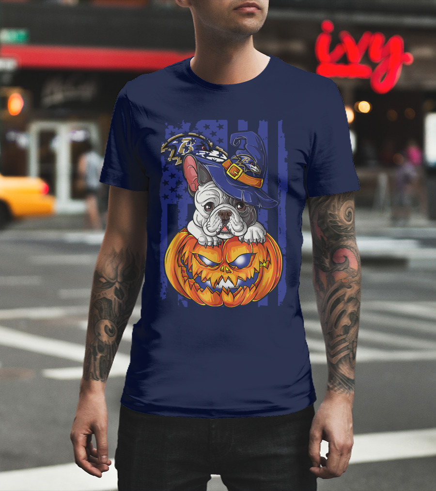 Bulldog In Wizard Hat On Jack-o'-Lantern With Baltimore Ravens T-Shirt
