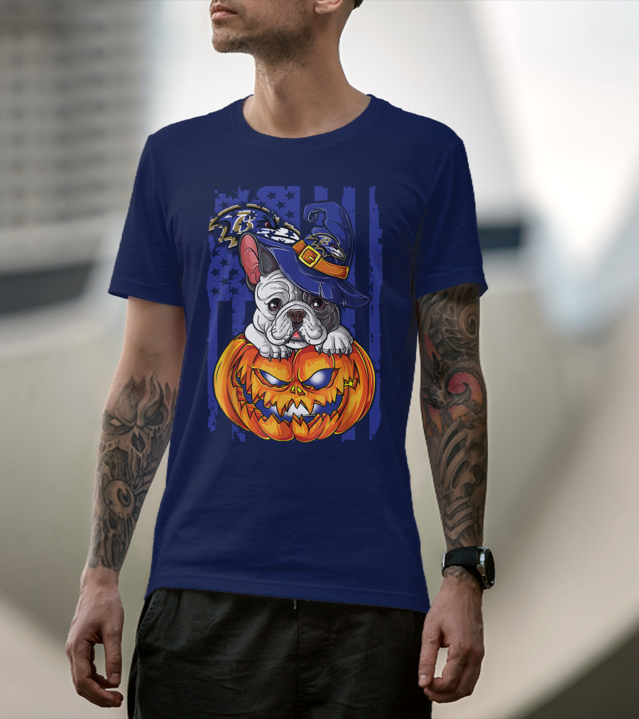 Bulldog In Wizard Hat On Jack-o'-Lantern With Baltimore Ravens T-Shirt