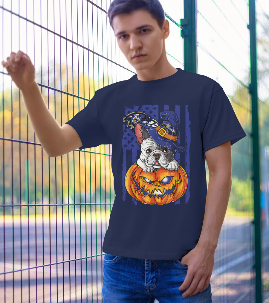 Bulldog In Wizard Hat On Jack-o'-Lantern With Baltimore Ravens T-Shirt