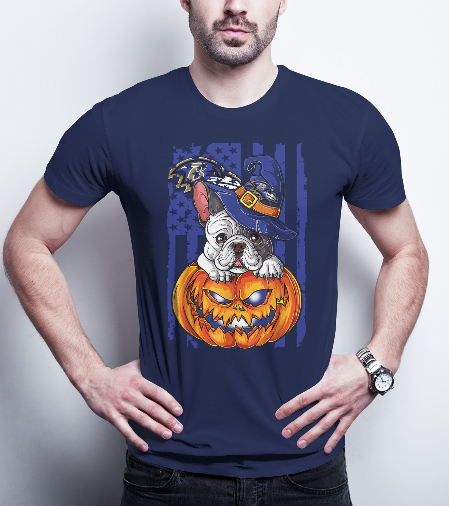 Bulldog In Wizard Hat On Jack-o'-Lantern With Baltimore Ravens T-Shirt