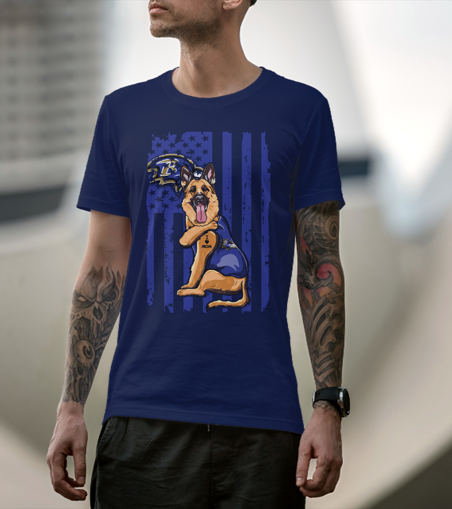 German Shepherd Illustrated With Baltimore Ravens NFL Symbol And I Love Mom Tattoo T-Shirt