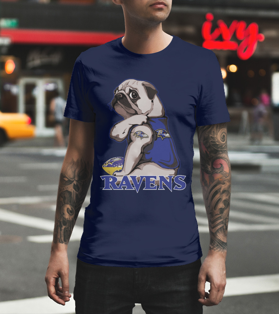 Pug Wearing Baltimore Ravens Football Jersey With Ravens Logo And Football T-Shirt