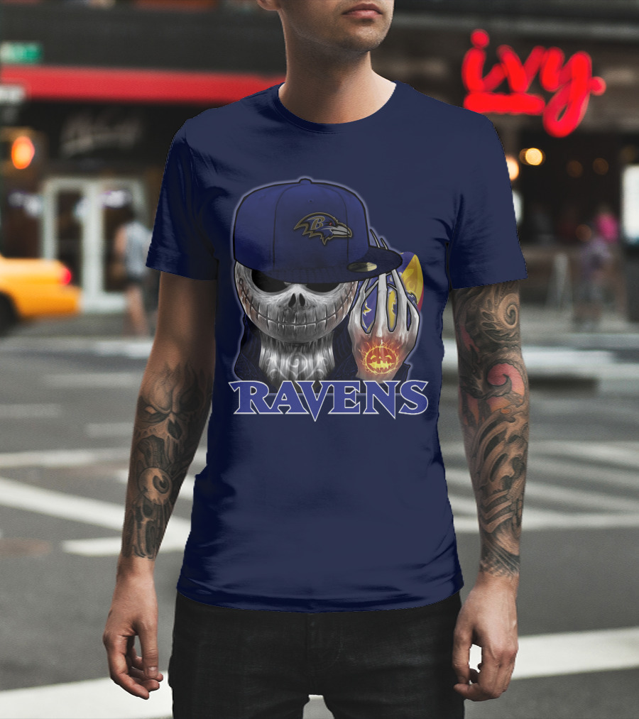 Jackskull Ravens Baltimore Football Logo And Pumpkin T-Shirt
