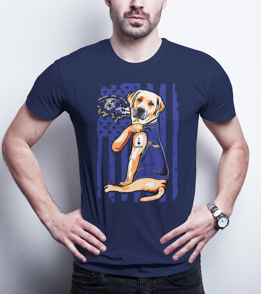 Labrador Retriever I Love Mom Baltimore Ravens Fan Dog With Tattoo And Team T-Shirt