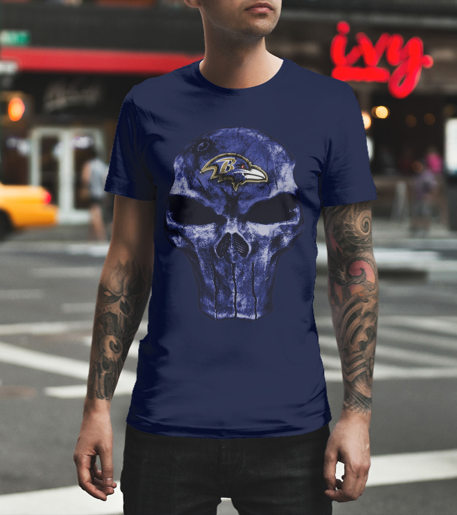 Skull Baltimore Ravens Logo Blue Skull T-Shirt