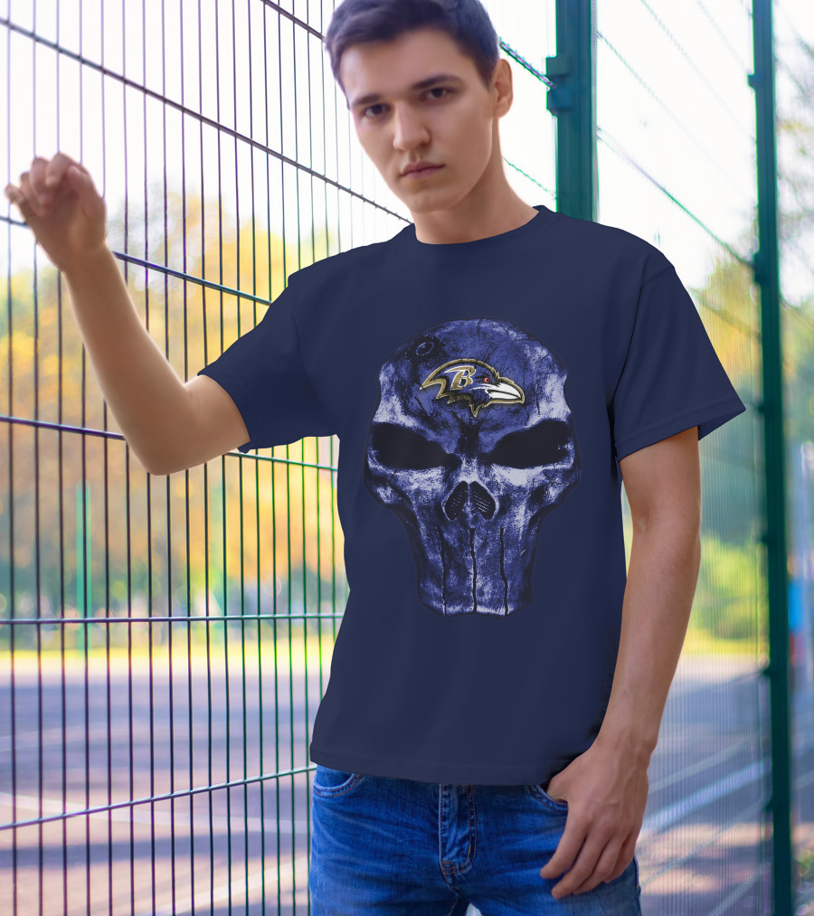 Skull Baltimore Ravens Logo Blue Skull T-Shirt