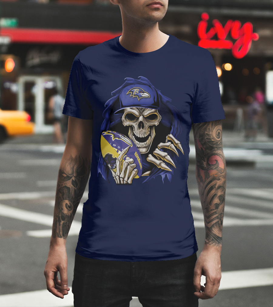 Skullbong Baltimore Ravens Skeleton With Football And Cap T-Shirt