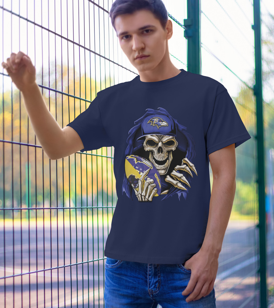 Skullbong Baltimore Ravens Skeleton With Football And Cap T-Shirt