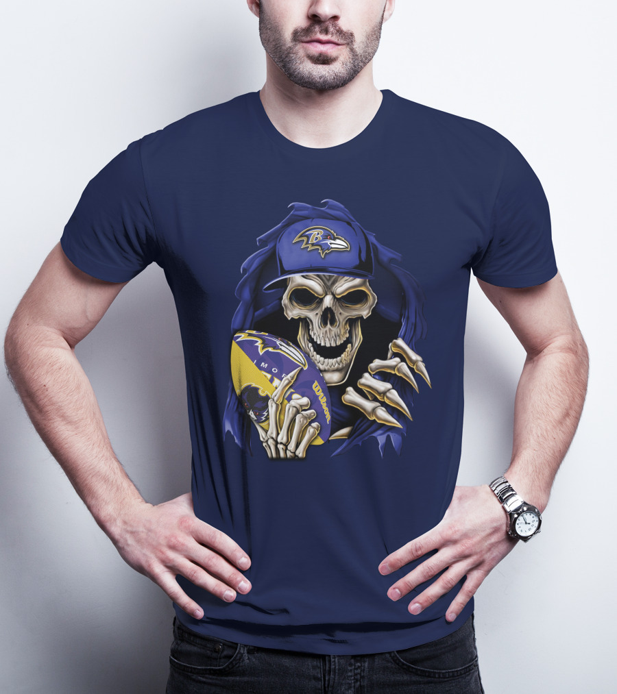 Skullbong Baltimore Ravens Skeleton With Football And Cap T-Shirt