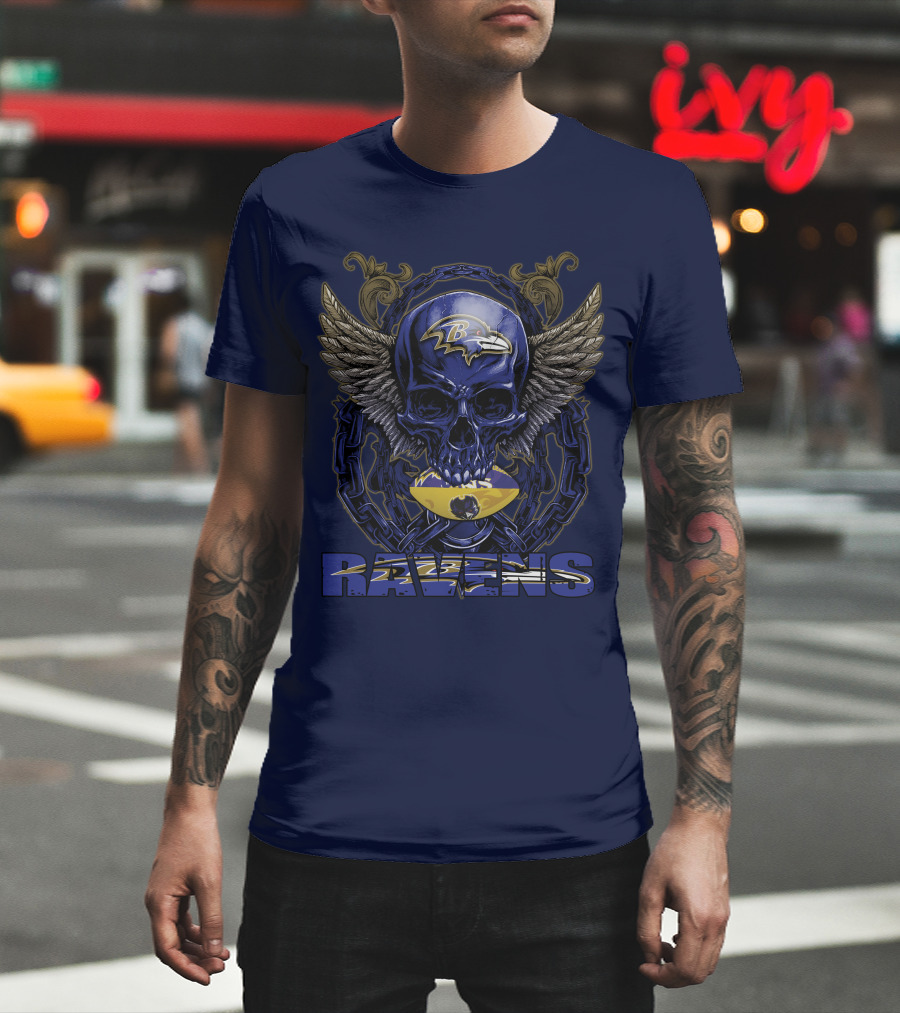 Baltimore Ravens Skull With Wings And Chain T-Shirt