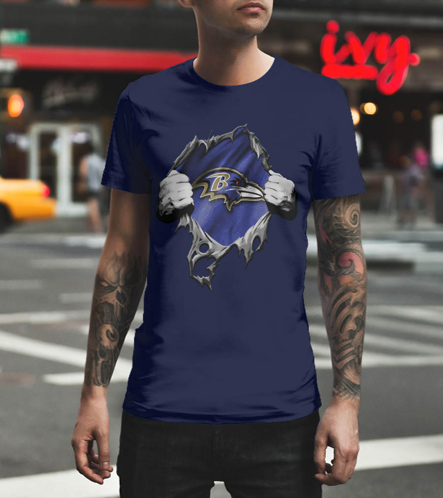 Torn V2 Baltimore Ravens Logo With Ripping Hands On Blue T-Shirt