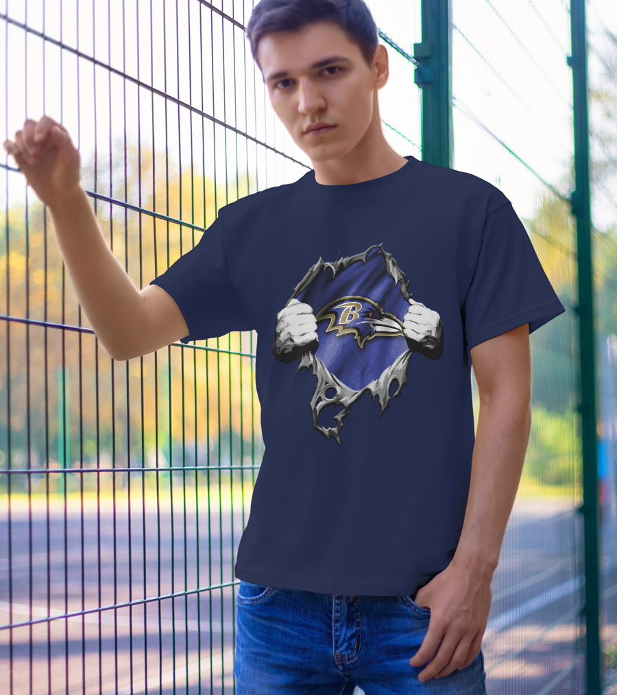Torn V2 Baltimore Ravens Logo With Ripping Hands On Blue T-Shirt