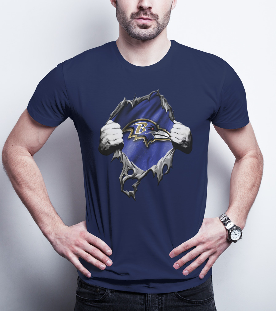Torn V2 Baltimore Ravens Logo With Ripping Hands On Blue T-Shirt