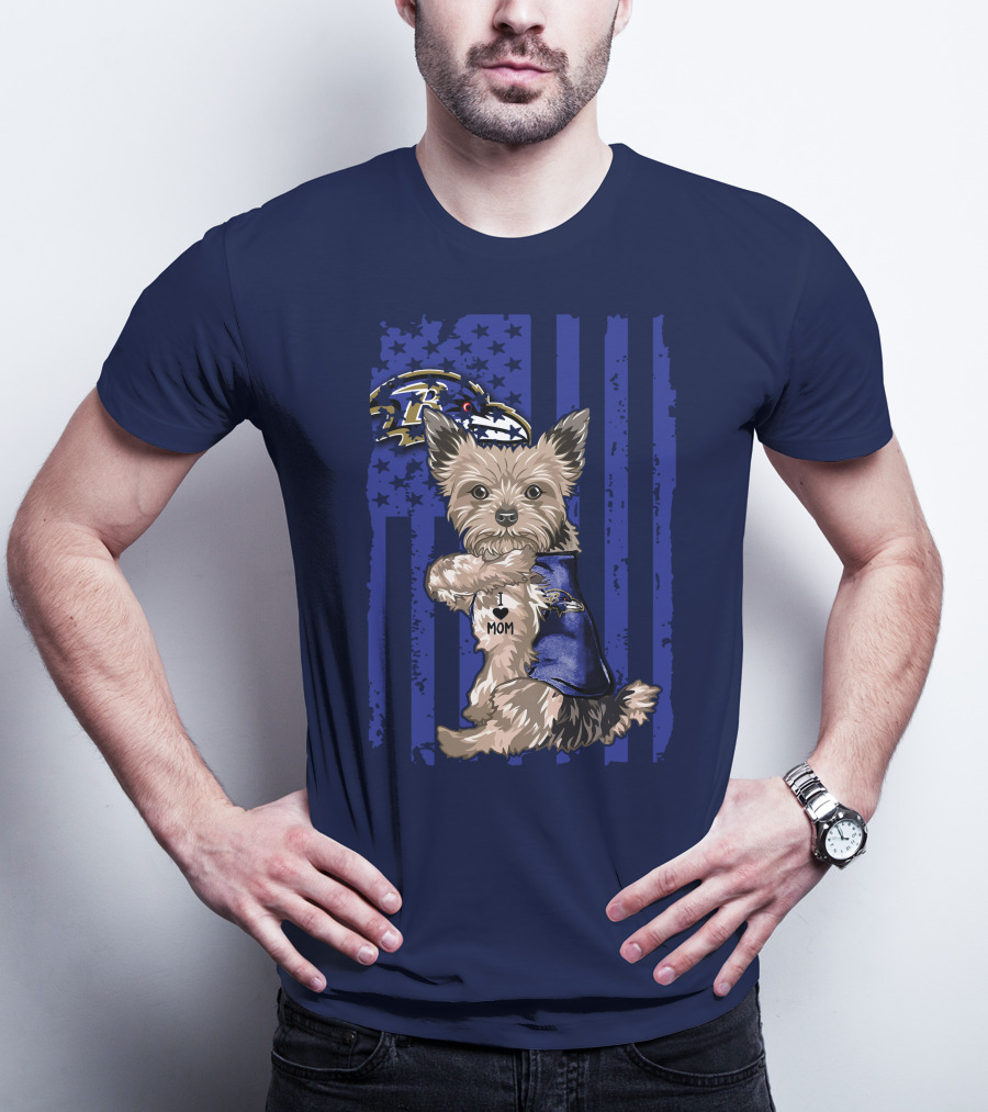 Yorkshire Terrier I Love Mom Baltimore Ravens Stars Stripes T-Shirt