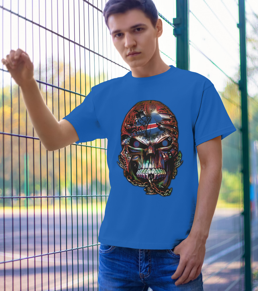 Buffalo Bills 53 Skull Art With American Flag And Tribal Elements T-Shirt