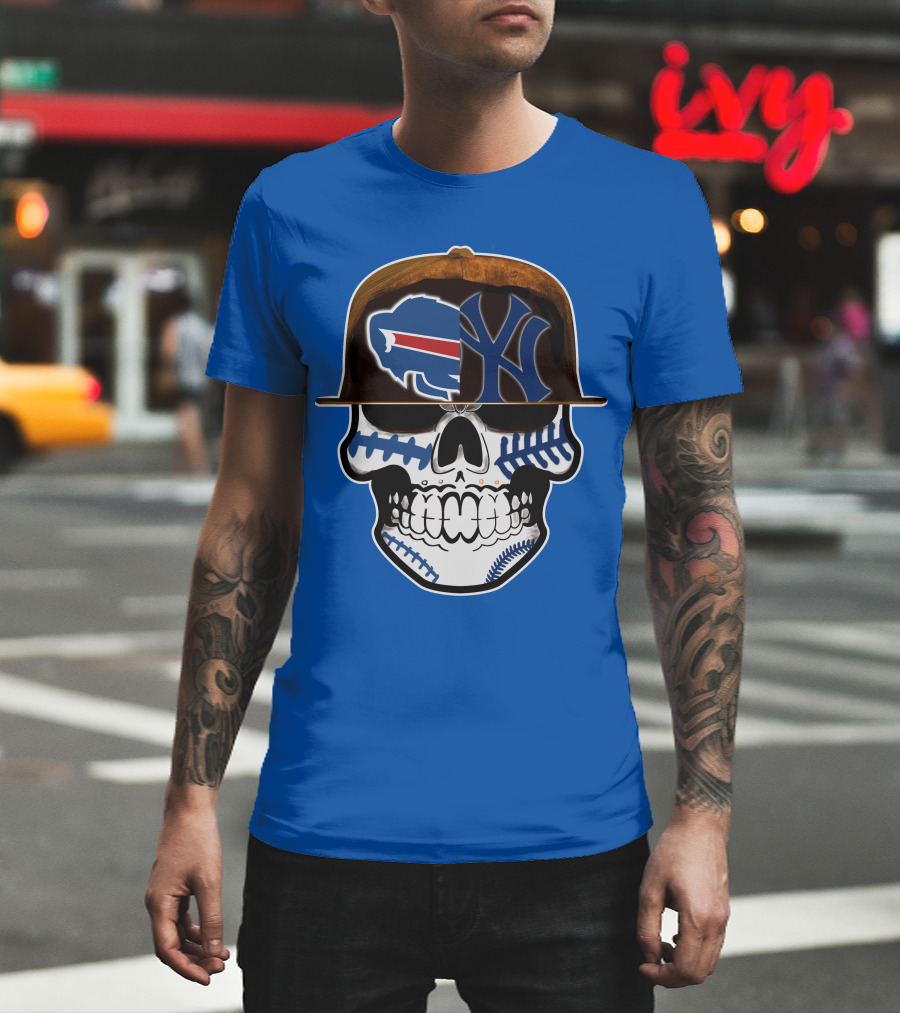 Buffalo Bills 75 Skull Design With Split Logo Yankees Cap T-Shirt