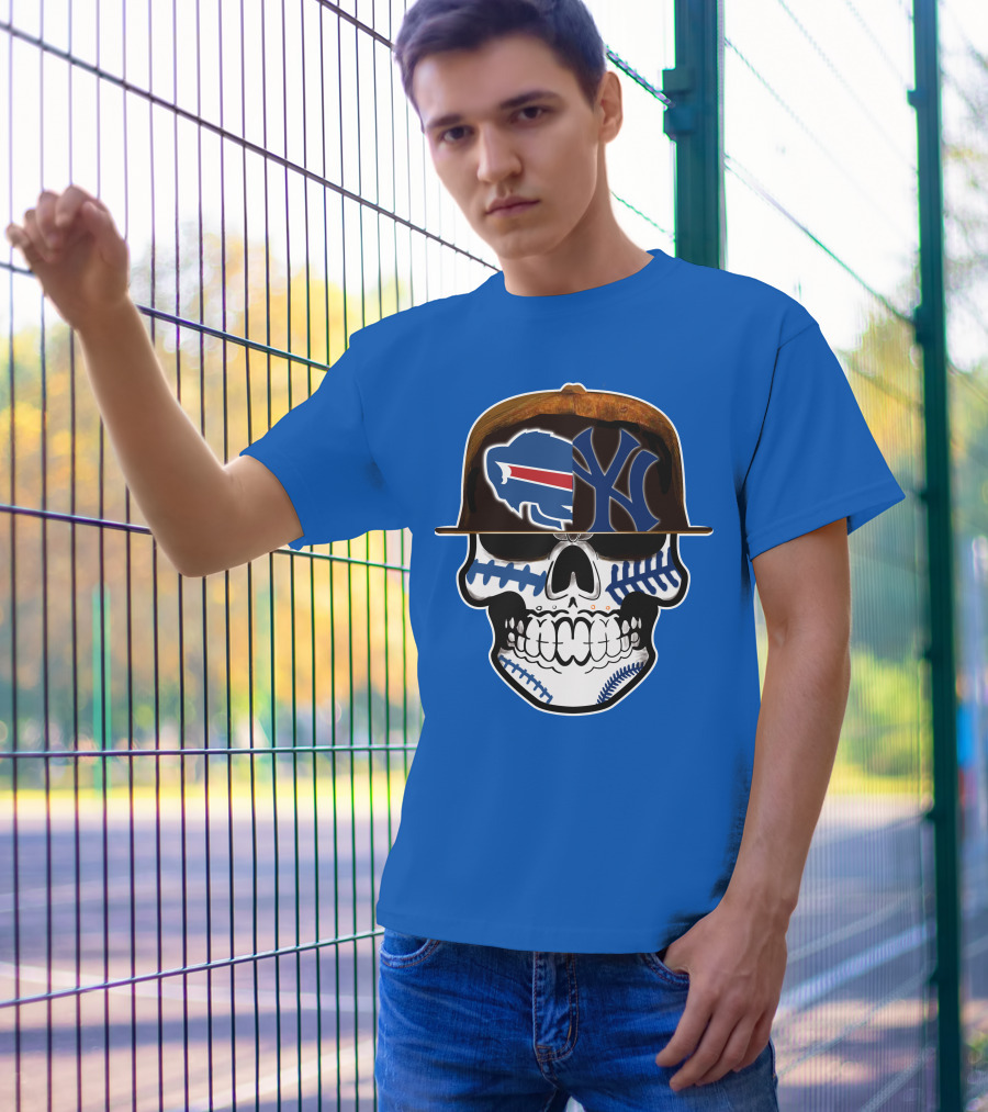 Buffalo Bills 75 Skull Design With Split Logo Yankees Cap T-Shirt