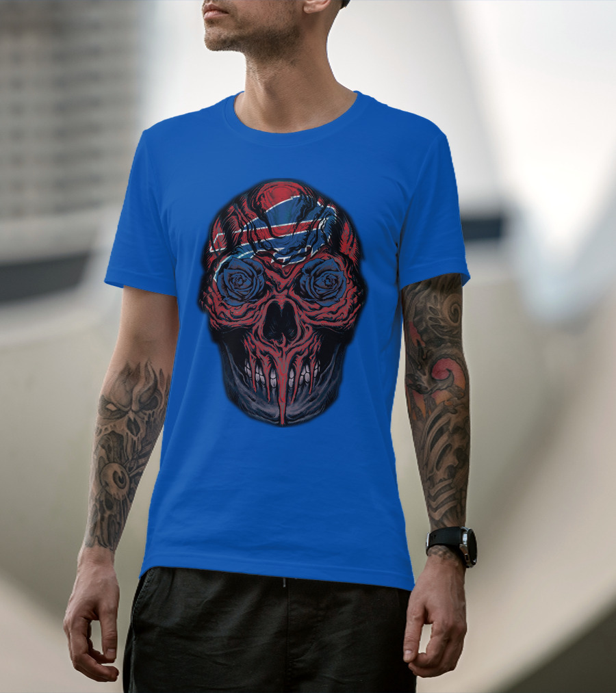 Buffalo Bills 34 Skull With Blue And Red Rose Eyes On Blue T-Shirt