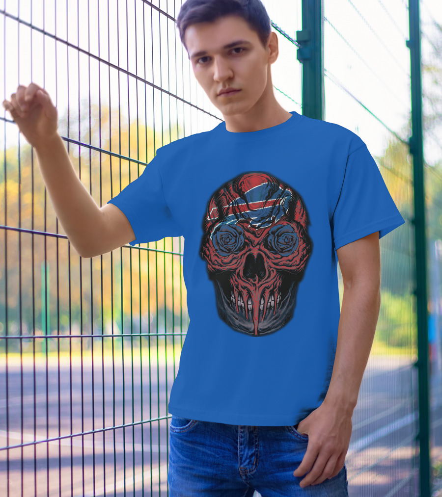 Buffalo Bills 34 Skull With Blue And Red Rose Eyes On Blue T-Shirt