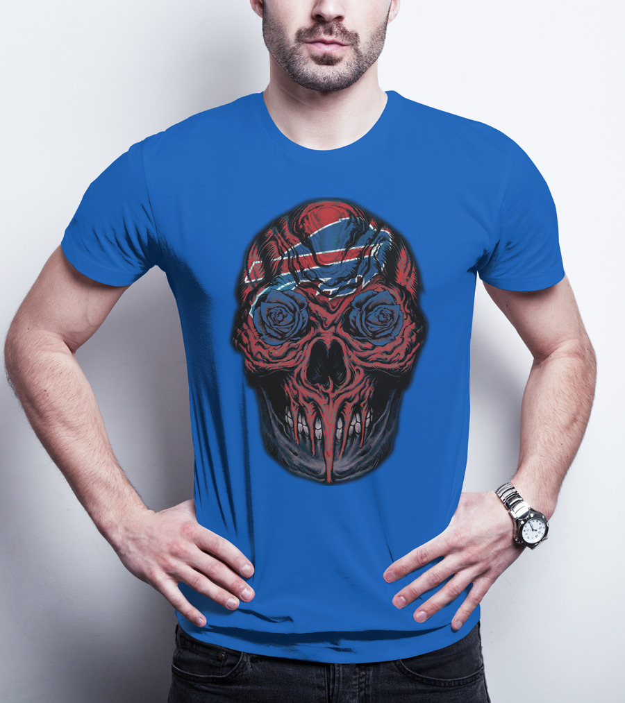 Buffalo Bills 34 Skull With Blue And Red Rose Eyes On Blue T-Shirt