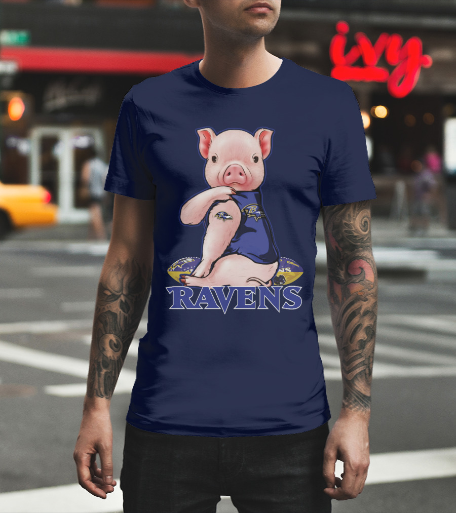 Ravens Pig Mascot With Baltimore Ravens T-Shirt