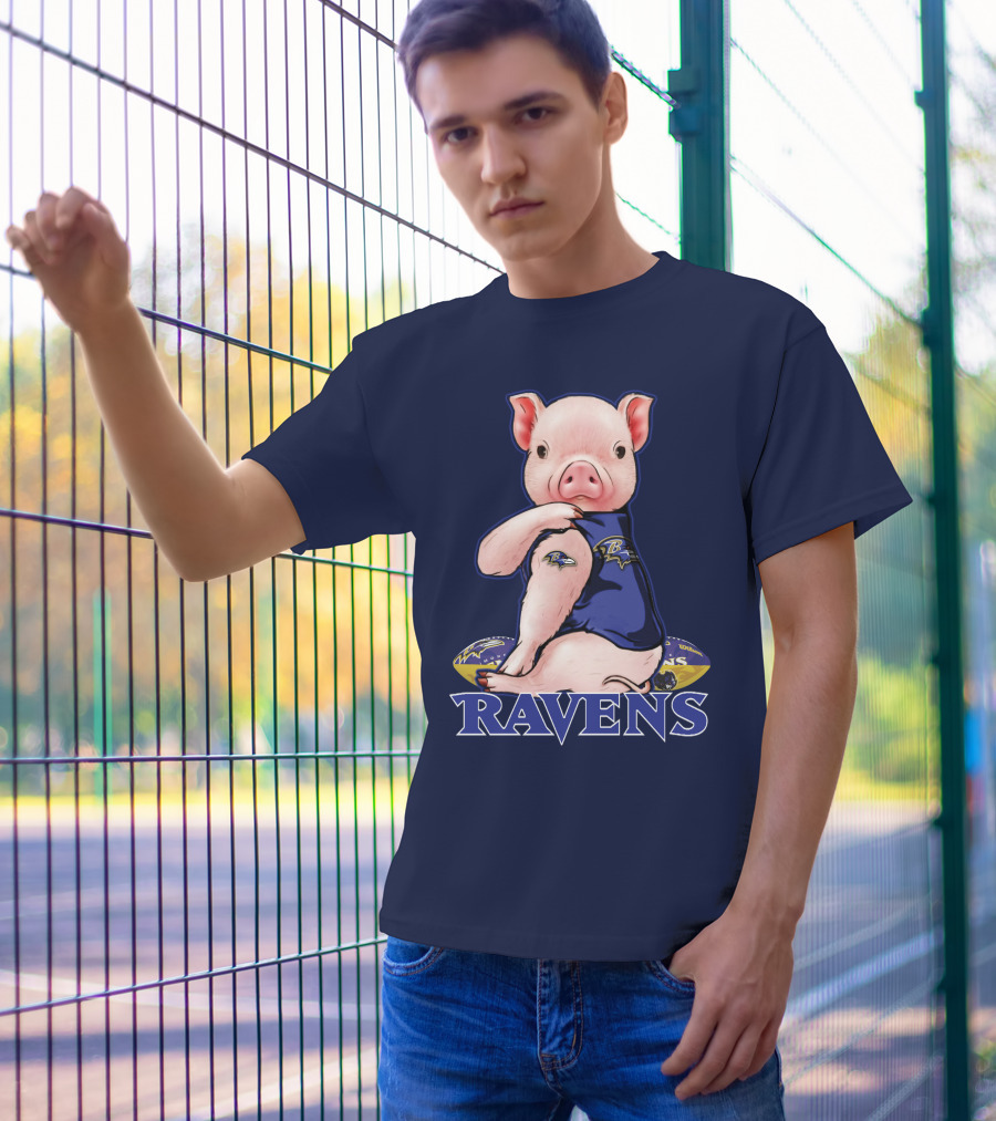 Ravens Pig Mascot With Baltimore Ravens T-Shirt