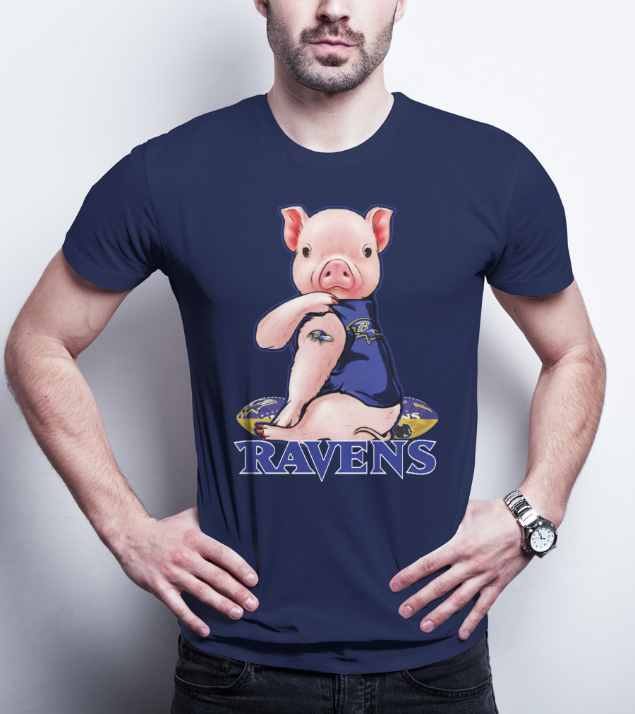 Ravens Pig Mascot With Baltimore Ravens T-Shirt