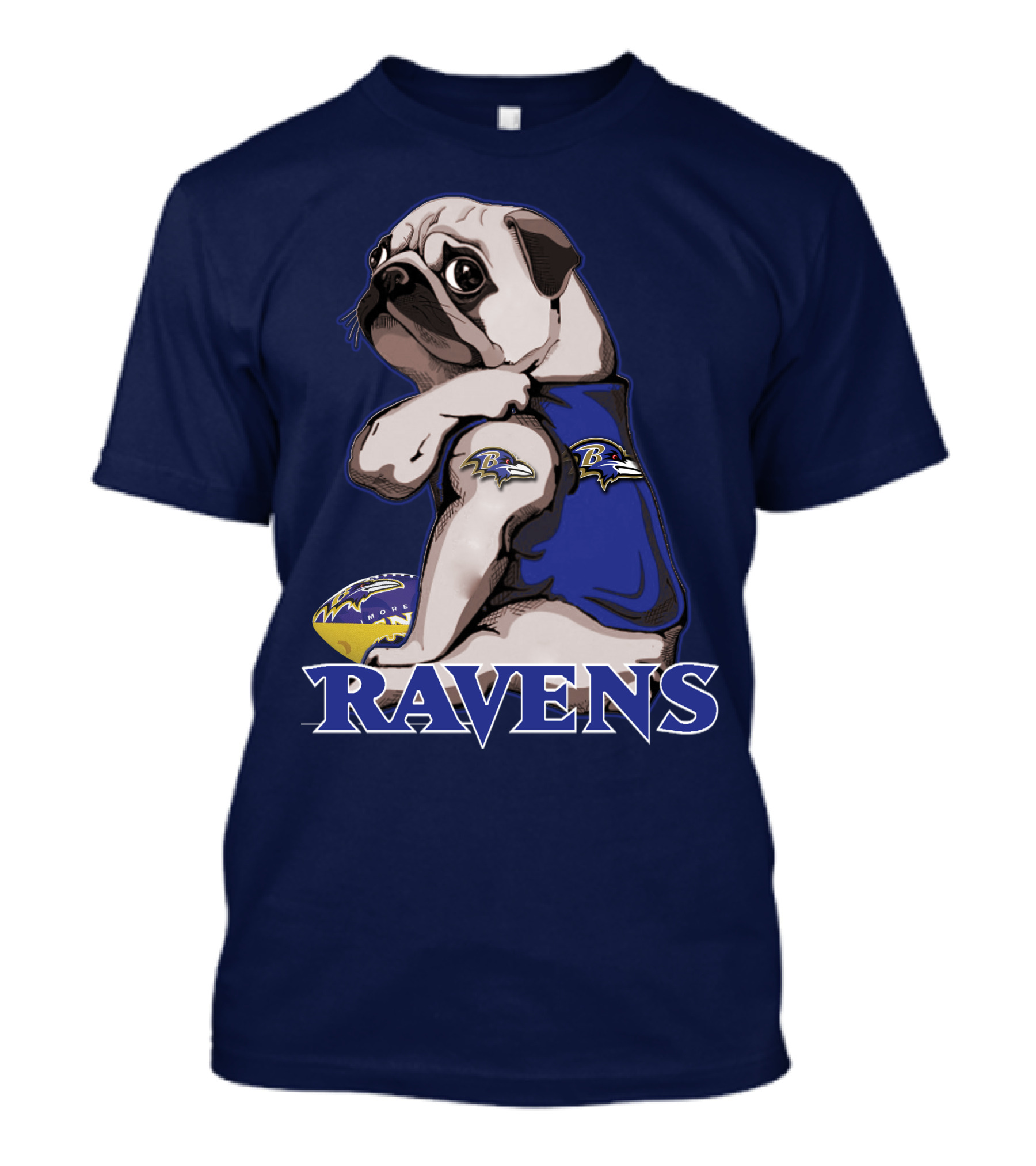 Pug Wearing Baltimore Ravens Gear With Logo And Football T-Shirt
