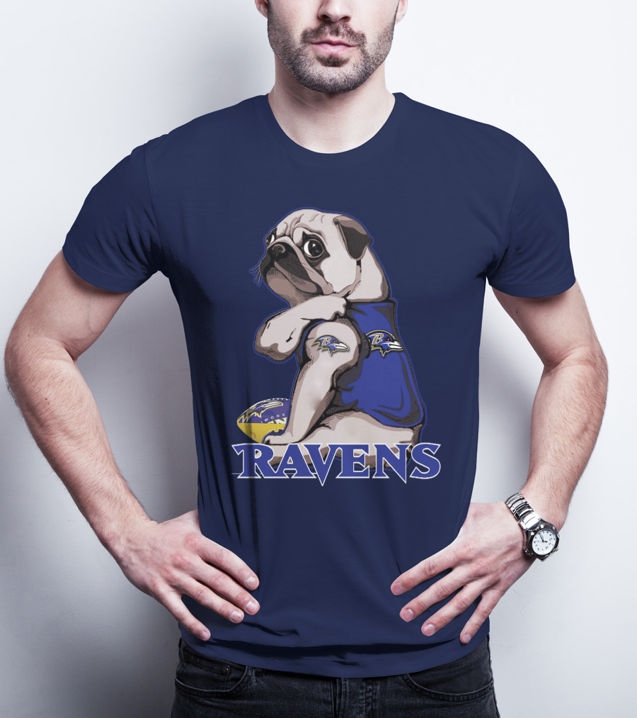 Pug Wearing Baltimore Ravens Gear With Logo And Football T-Shirt