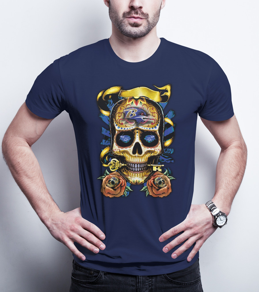 Baltimore Ravens Sugar Skull Art With Roses And Ribbon T-Shirt