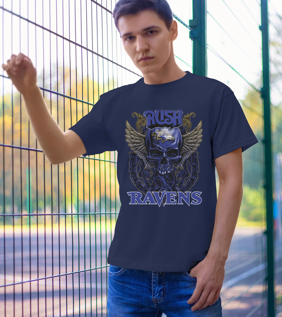 Rush Ravens Baltimore Football Skull Wings T-Shirt