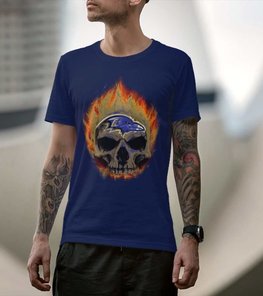 Baltimore Ravens Skull Flaming Logo Fire T-Shirt