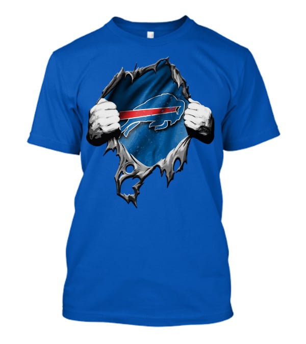 Torn Buffalo Bills Ripped Logo Hands Blue Background T-Shirt