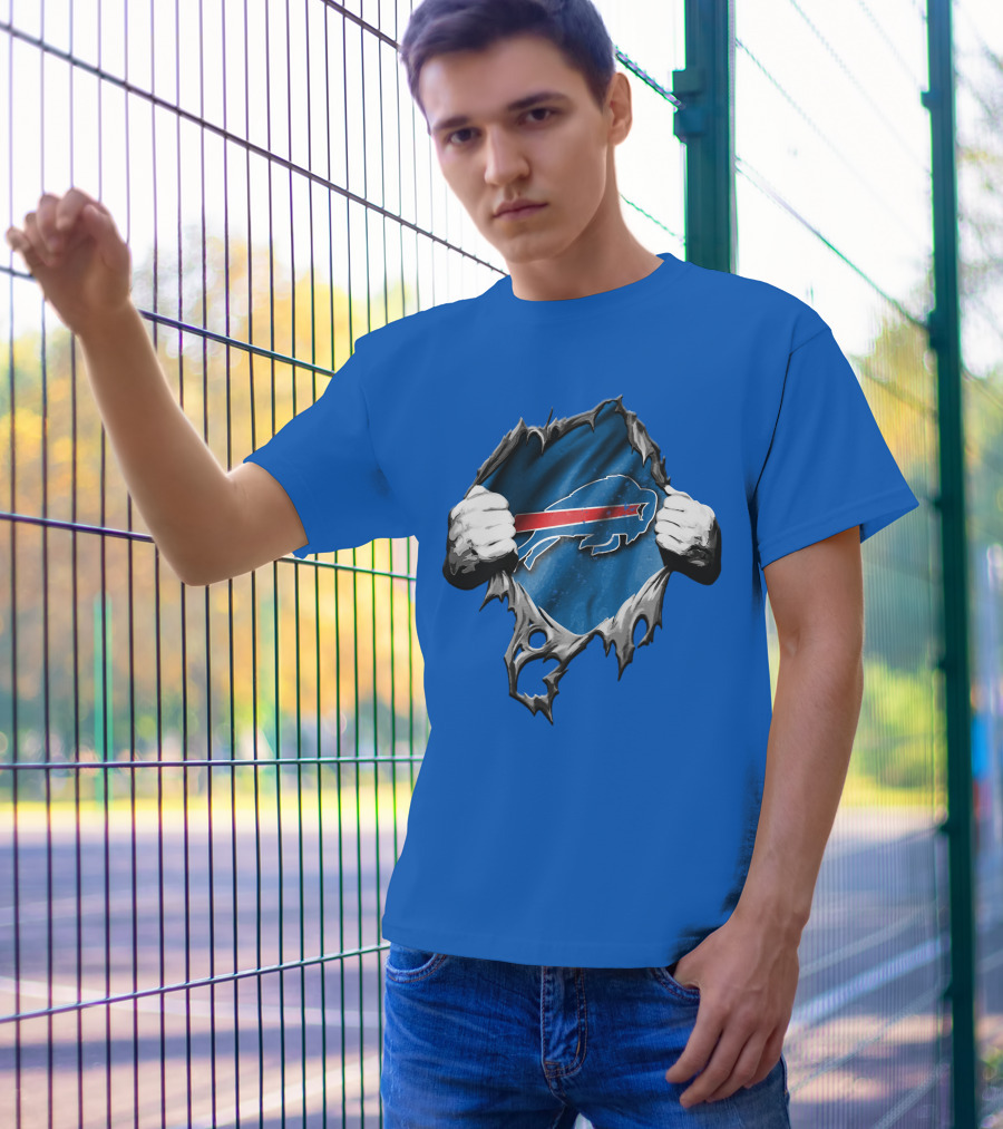 Torn Buffalo Bills Ripped Logo Hands Blue Background T-Shirt