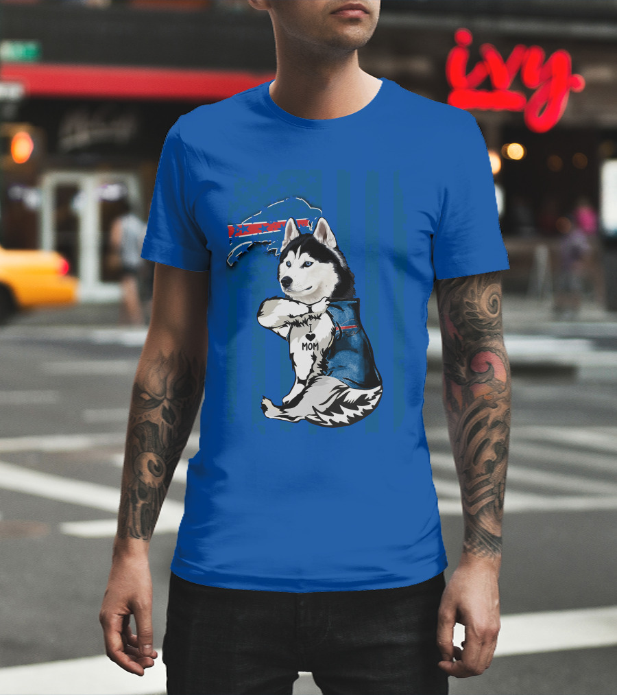 Siberian Husky Wearing Blue Buffalo Bills Vest With Heart Mom Tattoo And Flag T-Shirt