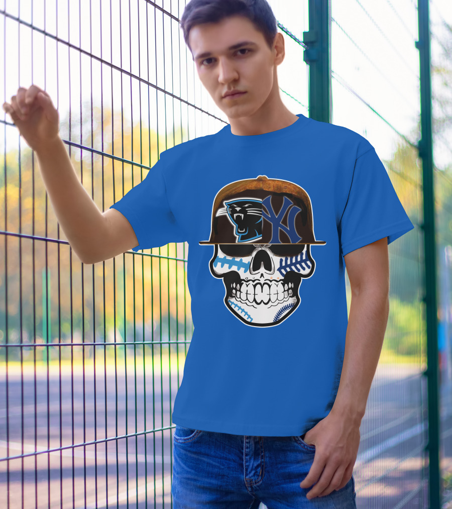 Carolina Panthers New York Yankees Skull Hat T-Shirt