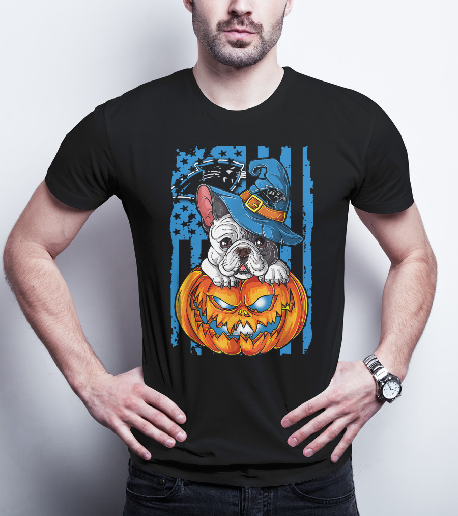 Bulldog Halloween Pumpkin Outfit Carolina Panthers Fan Style T-Shirt