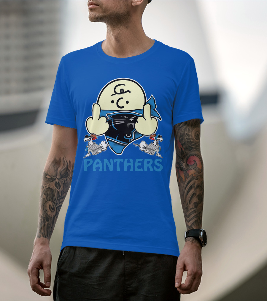Carolina Panthers Bold Cartoon Character With Snoopy Imagery Middle Finger Salute T-Shirt