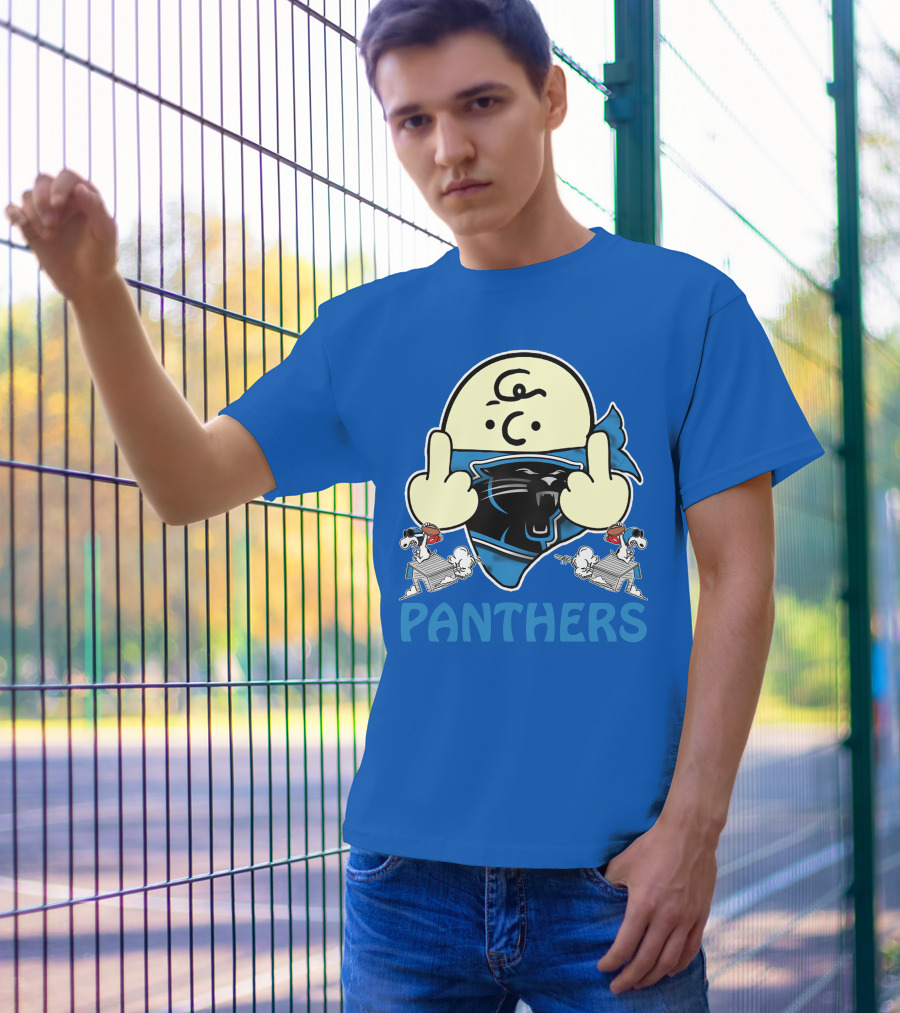 Carolina Panthers Bold Cartoon Character With Snoopy Imagery Middle Finger Salute T-Shirt
