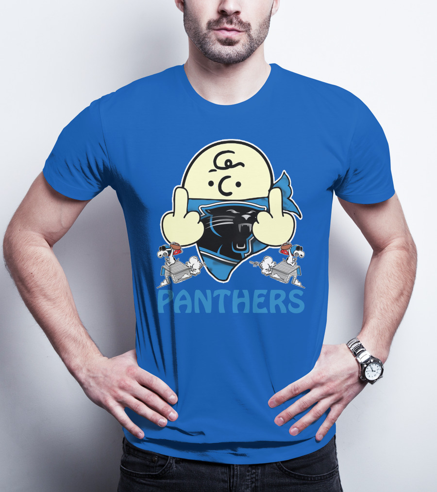 Carolina Panthers Bold Cartoon Character With Snoopy Imagery Middle Finger Salute T-Shirt