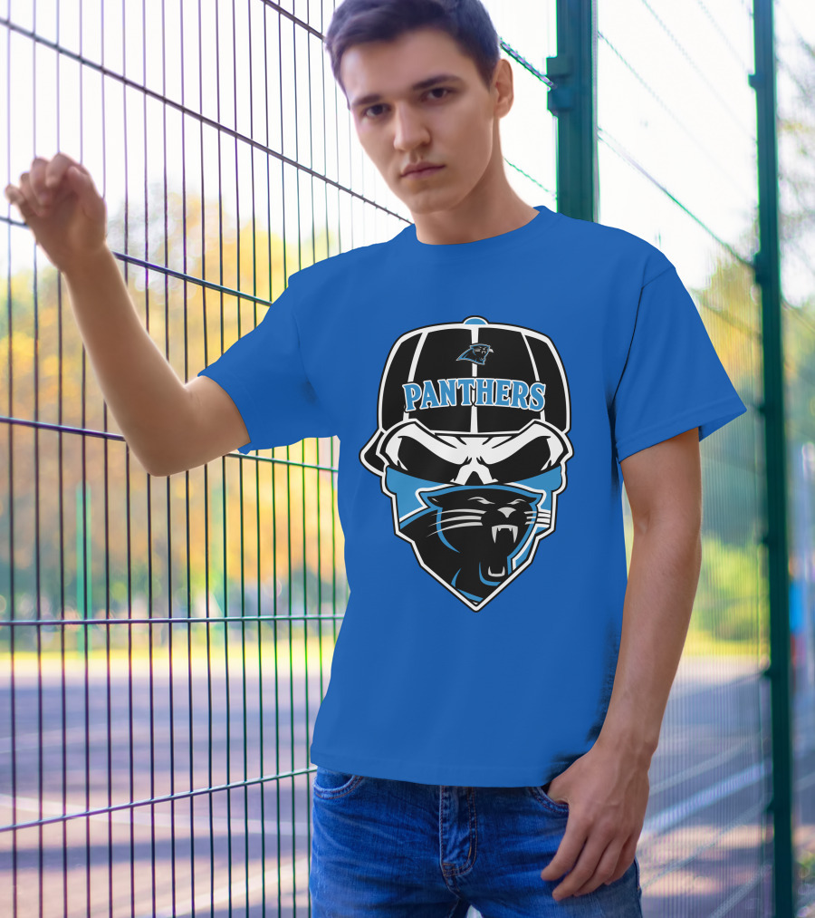 Carolina Panthers Logo And Skull With Bandana T-Shirt