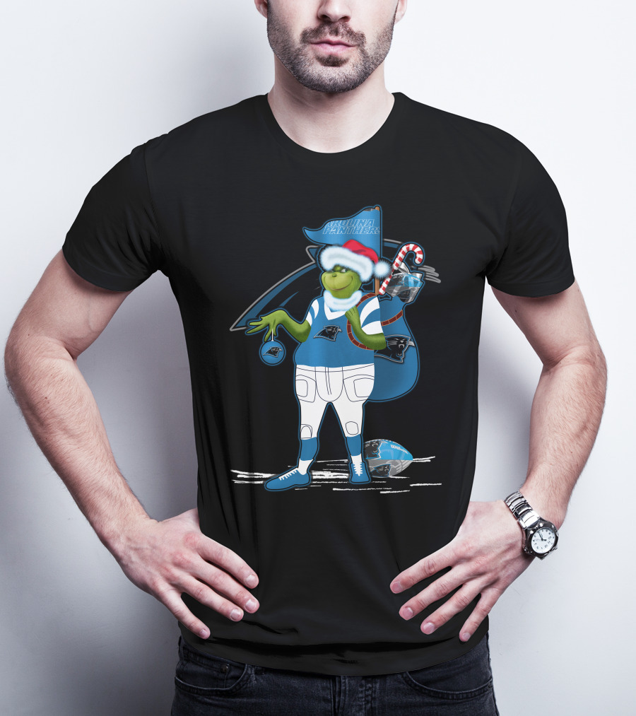 Grinchxmas Carolina Panthers Holiday Character In Team Gear Festive Football Santa Hat T-Shirt