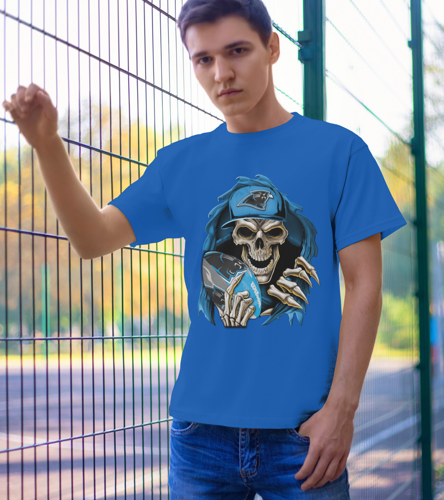 Skullbong Carolina Panthers Skeleton With Football And Team Cap T-Shirt