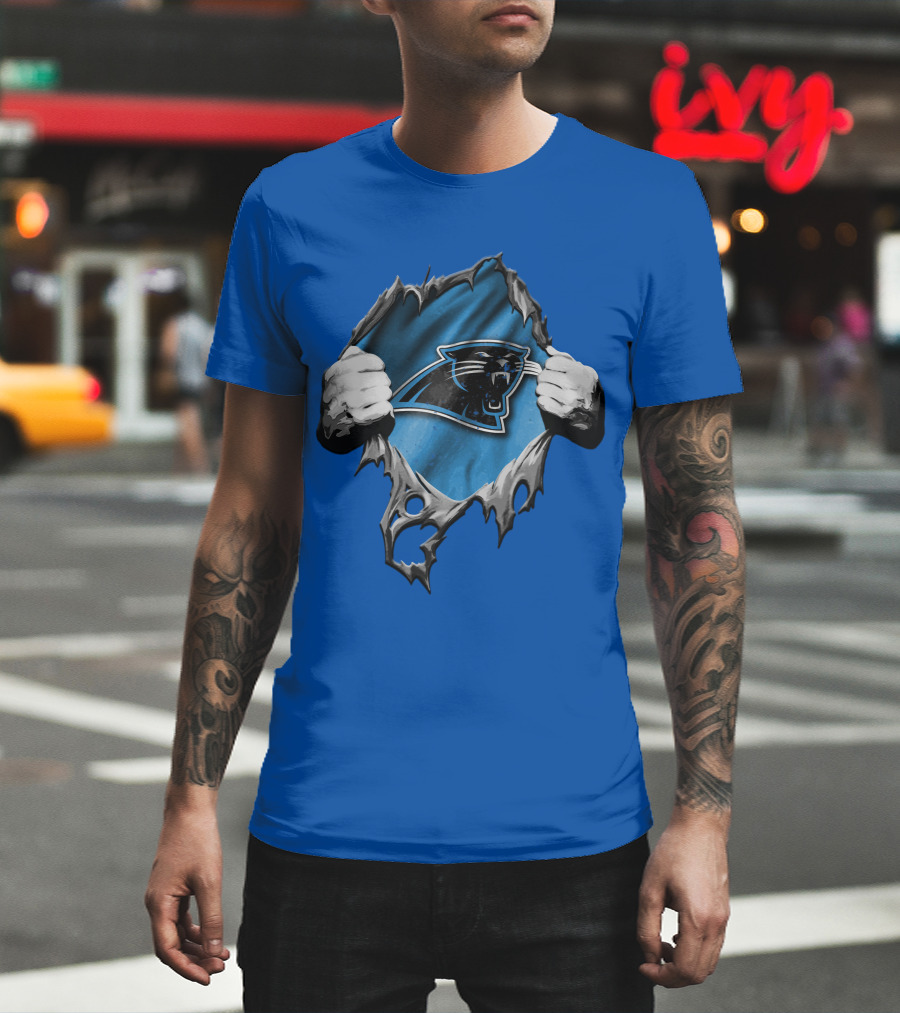 Torn Carolina Panthers Logo With Ripped Fabric And Clenched Hands T-Shirt