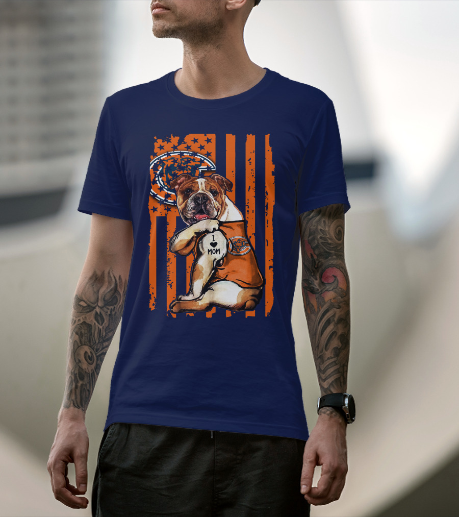 Bulldog I Love Mom Chicago Bears Orange And Blue Stripes T-Shirt