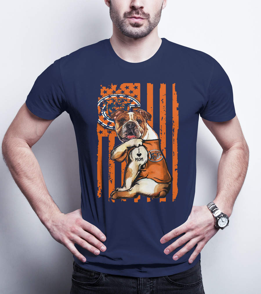 Bulldog I Love Mom Chicago Bears Orange And Blue Stripes T-Shirt