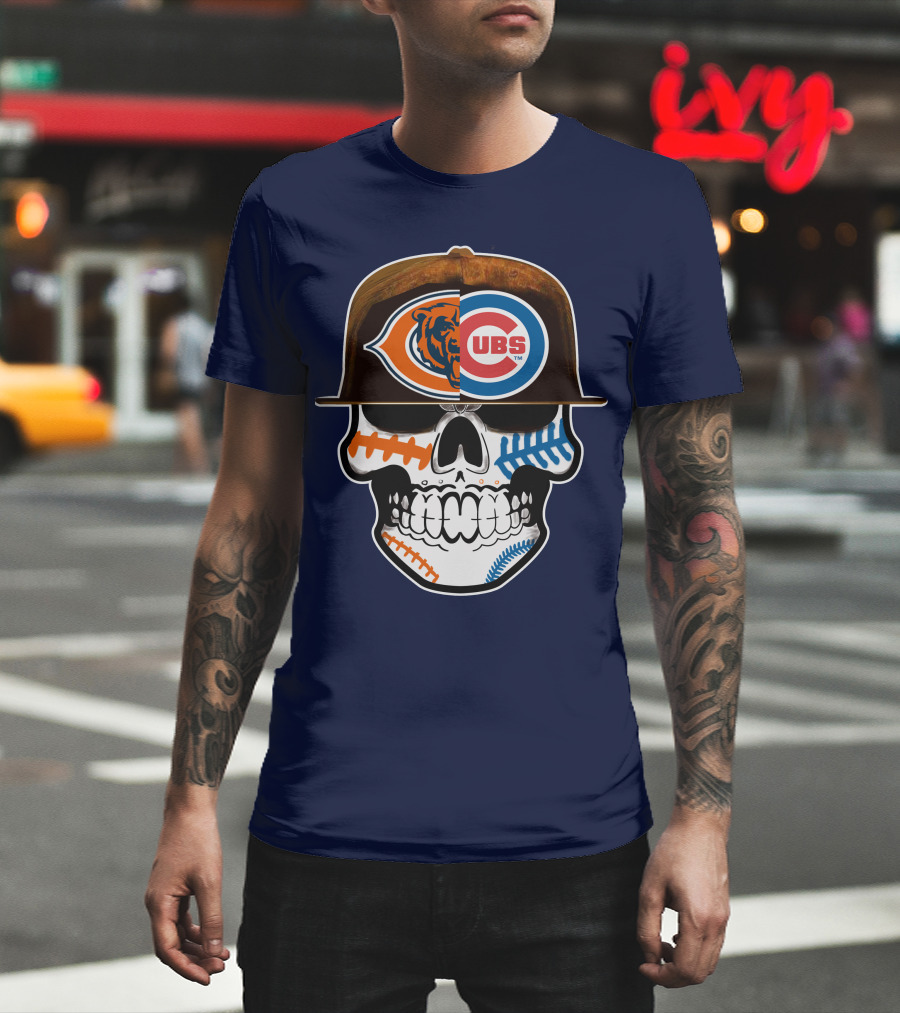 Chicago Bears Cubs Skull Cap Dual Logo Fusion T-Shirt