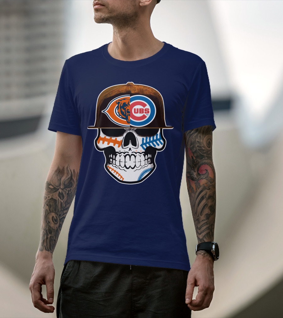 Chicago Bears Cubs Skull Cap Dual Logo Fusion T-Shirt