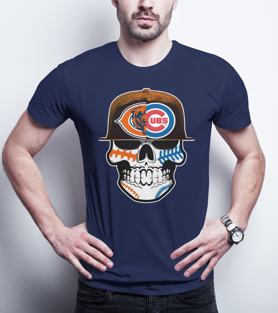 Chicago Bears Cubs Skull Cap Dual Logo Fusion T-Shirt